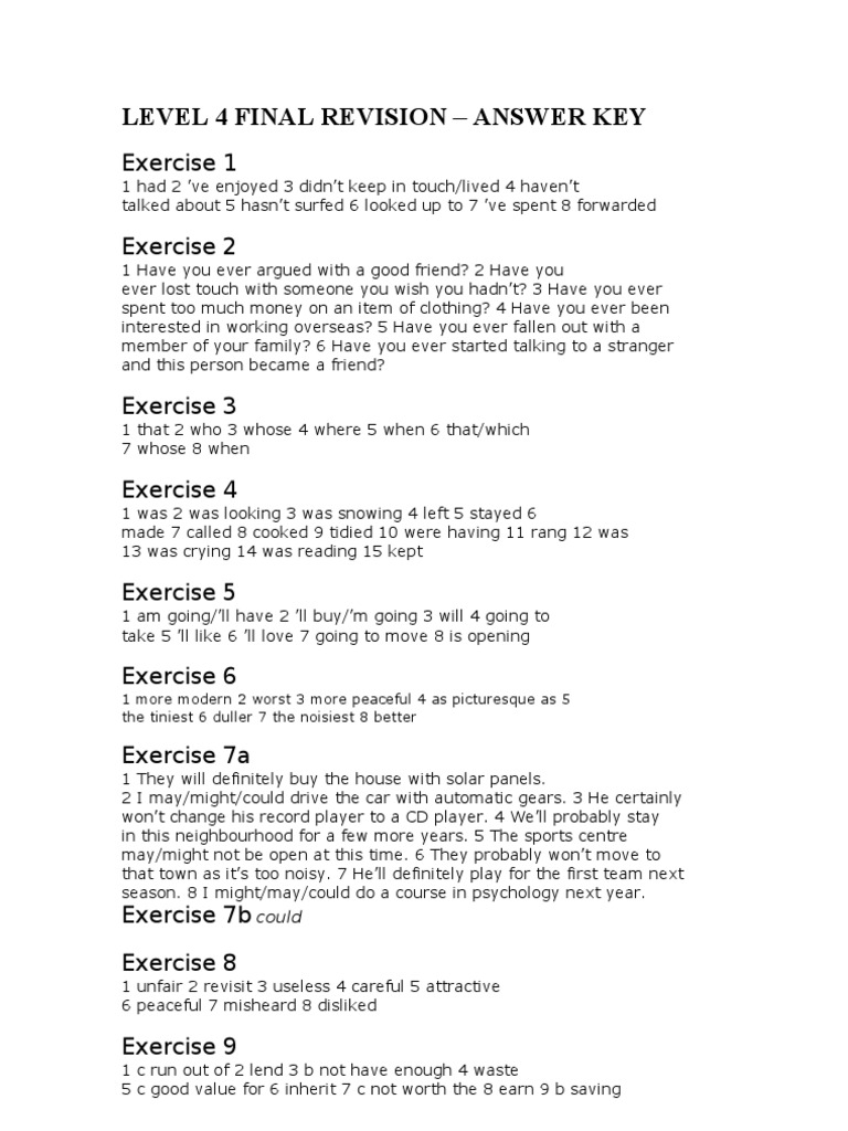 Level 4 Final Revision Answer Key Exercise 1 Pdf