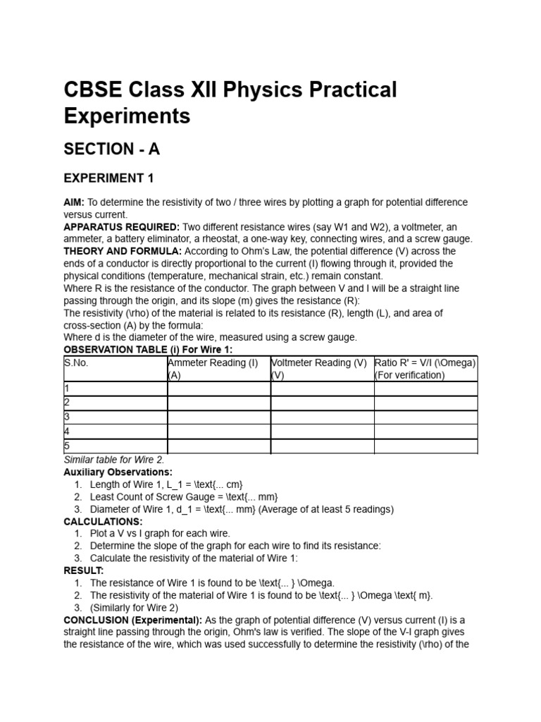 CBSE Class XII Physics Practical Experiments Sect.. 3 | PDF | Capacitor | Direct Current