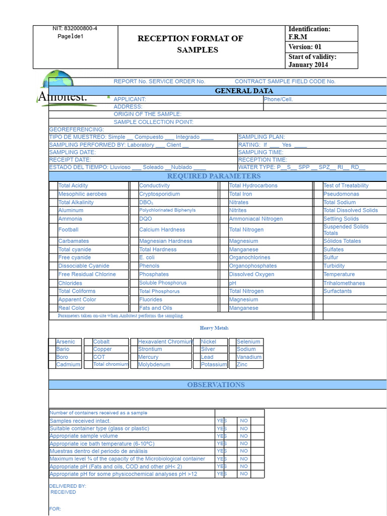 Sample Reception Format | PDF | Chlorine | Magnesium