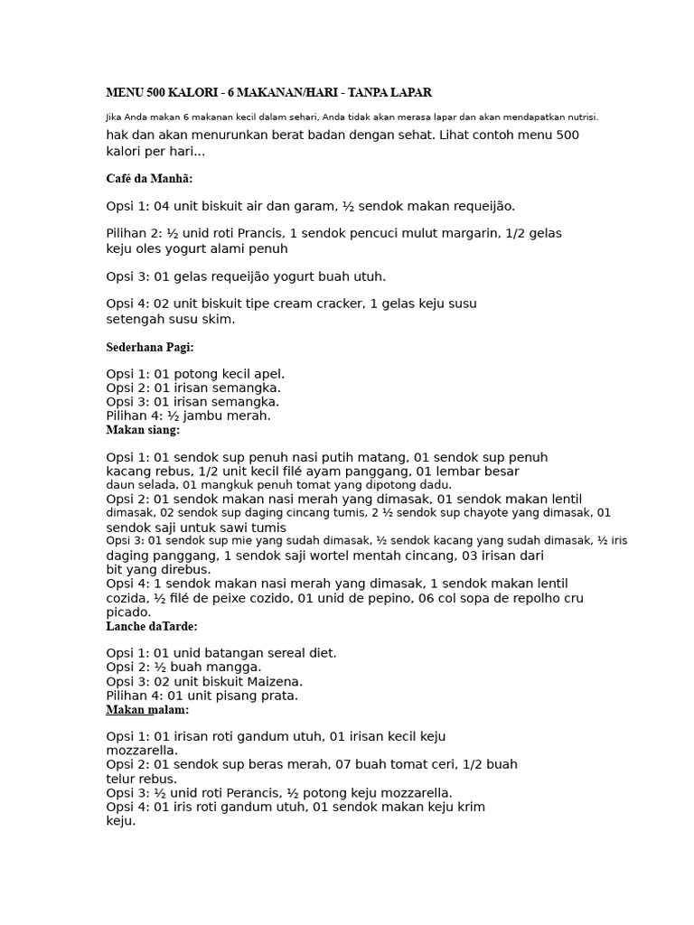 Menu Sehat 500 Kalori: 6 Makanan Sehari | PDF