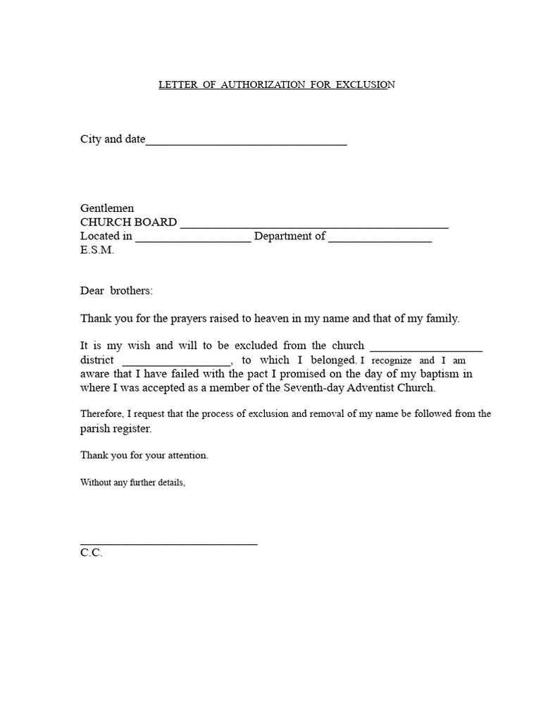Church Exclusion Authorization Letter | PDF