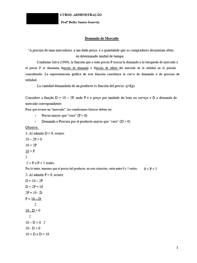 Demanda de Mercado y Funciones Lineales | PDF | Curva de demanda ...