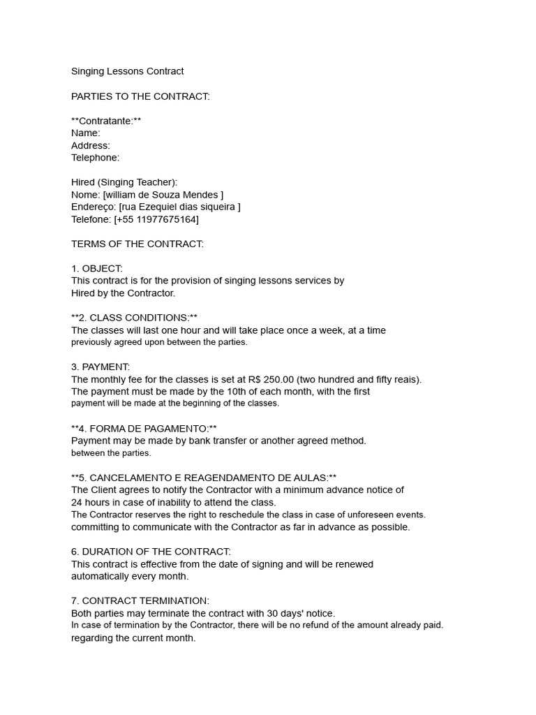 Singing Lessons Contract | PDF