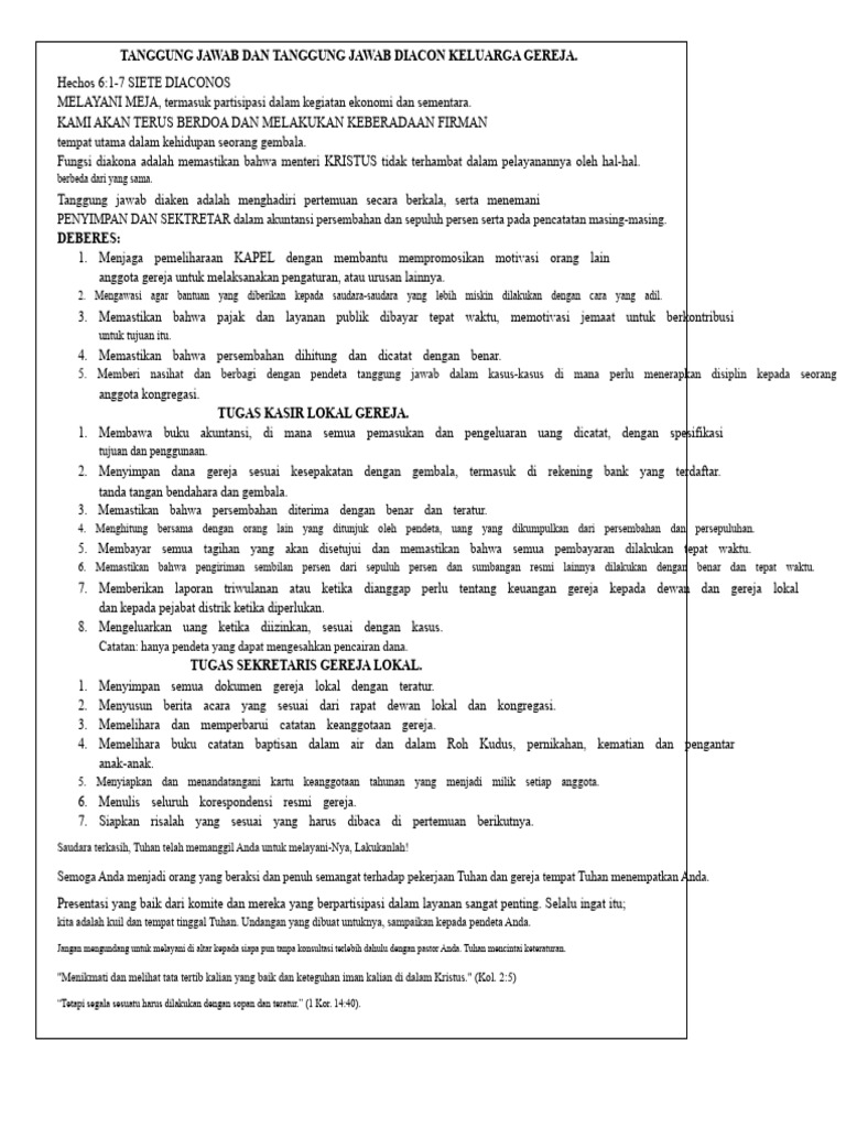 Tanggung Jawab Diakon dan Sekretaris Gereja | PDF