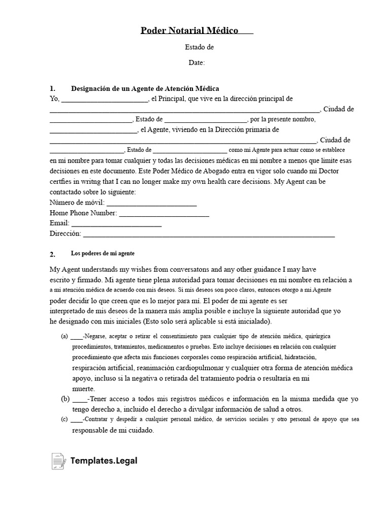 Plantillas Estándar de Poder Notarial Médico. | PDF | Cuidado de la ...