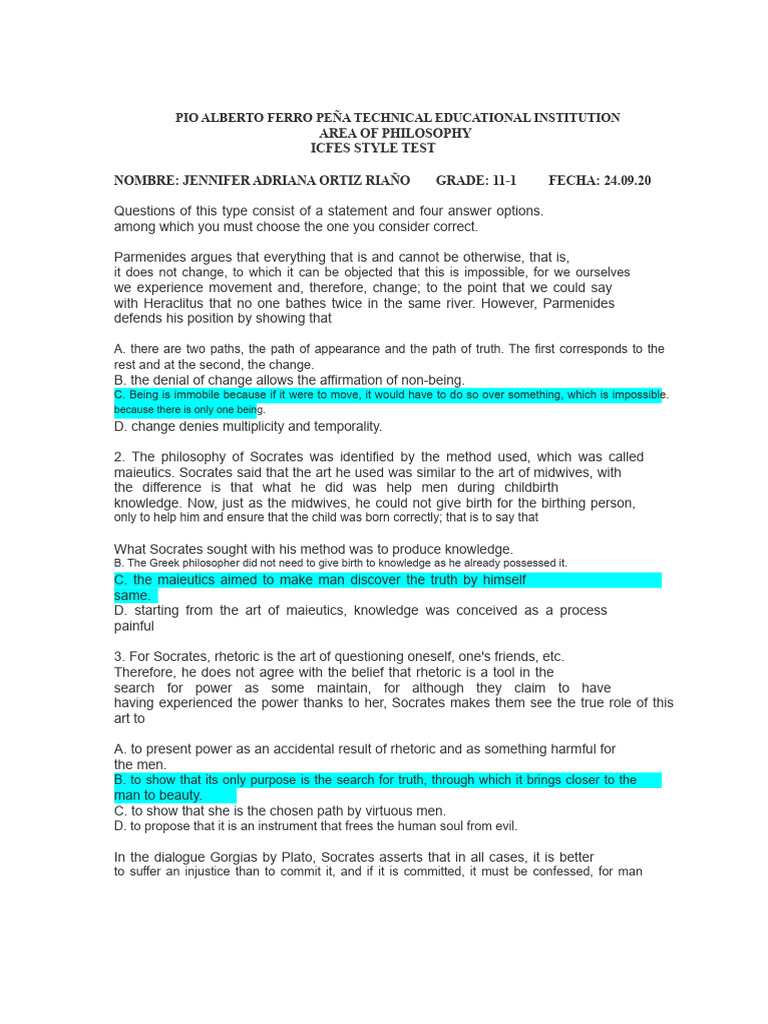 ICFES Philosophy Test for Grade 11 | PDF | Truth | Aristotle