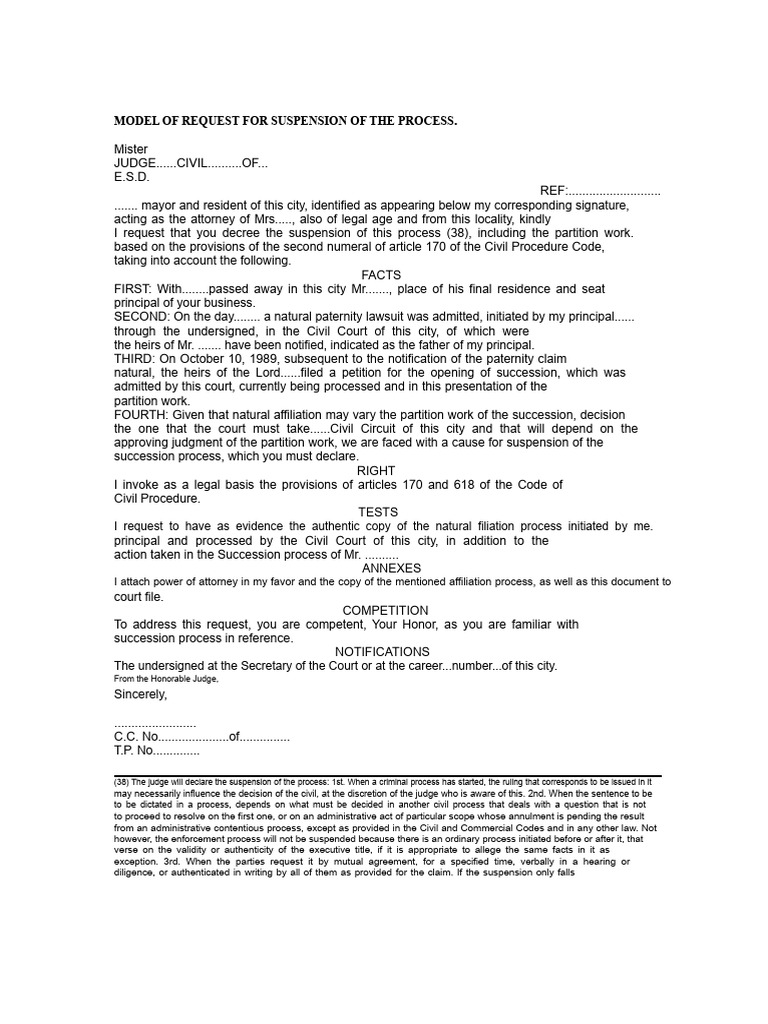 MODEL OF REQUEST FOR SUSPENSION OF THE PROCESS. | PDF | Lawsuit ...