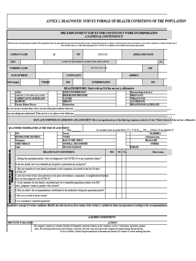 ANNEX 1. Diagnostic Survey Format For The Health Conditions of The ...
