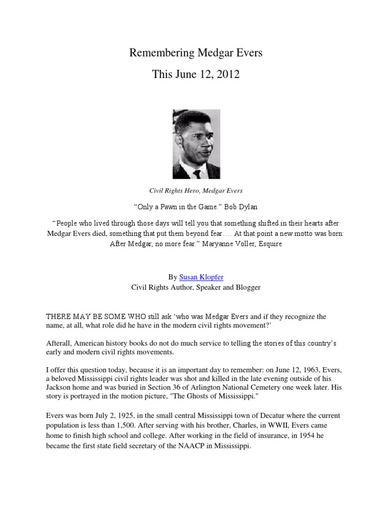Remembering Civil Rights Leader Medgar Evers | PDF | The United States ...