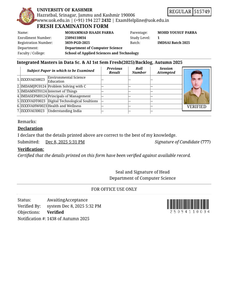 Examination Form Printout | PDF