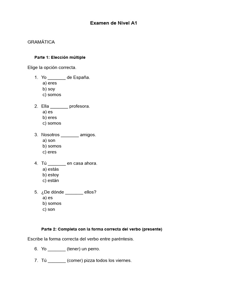 Examen de Nivel A1 | PDF