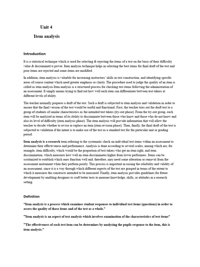 Item Analysis for Test Improvement | PDF | Cognition | Evaluation Methods