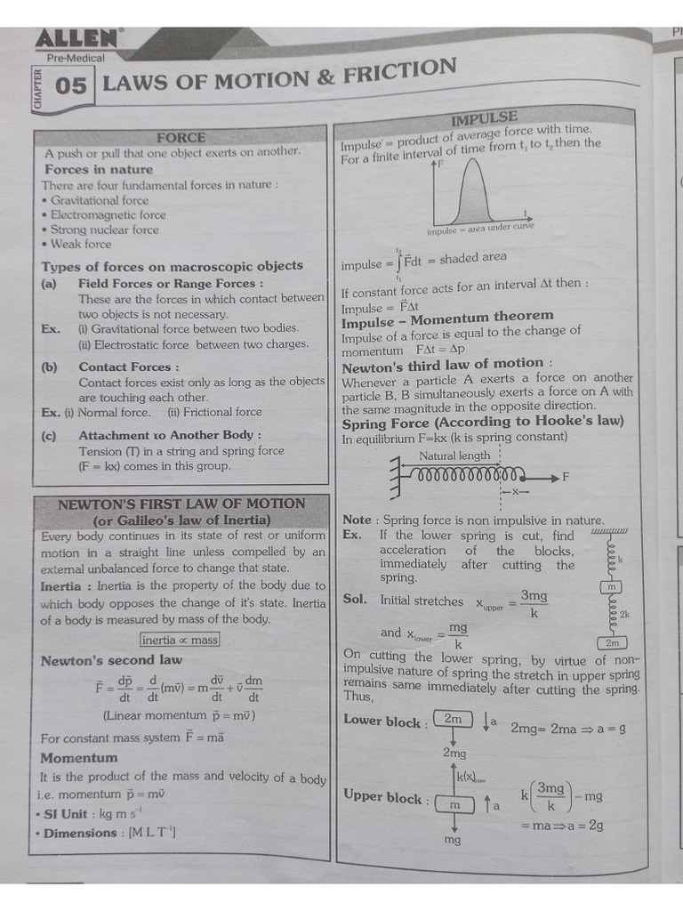 Allen Handbook Physics Laws of Motion and Friction Short Notes | PDF