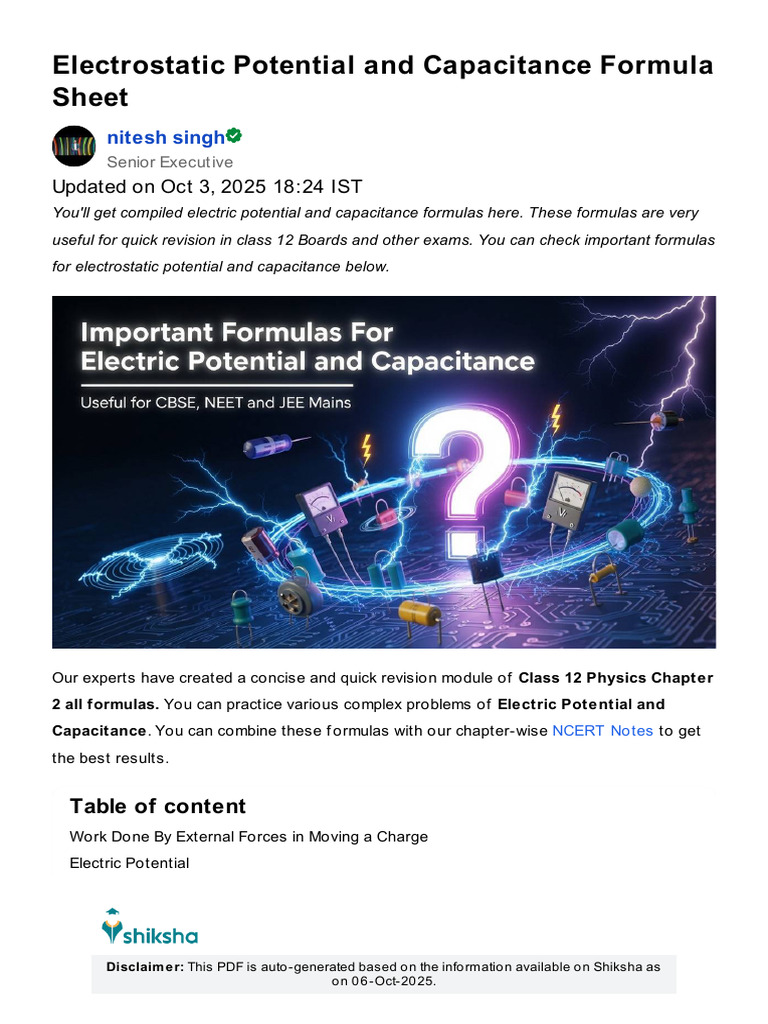 Electrostatic Potential and Capacitance Formula Sheet: Nitesh Singh ...