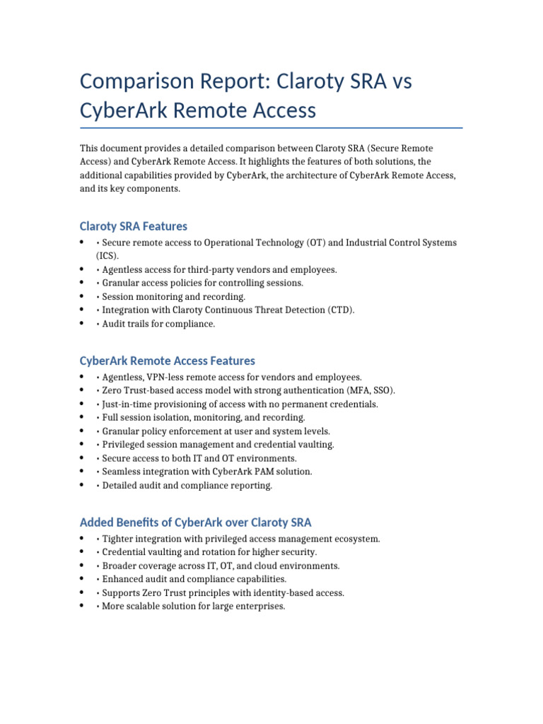 Claroty SRA vs CyberArk Remote Access Comparison | PDF