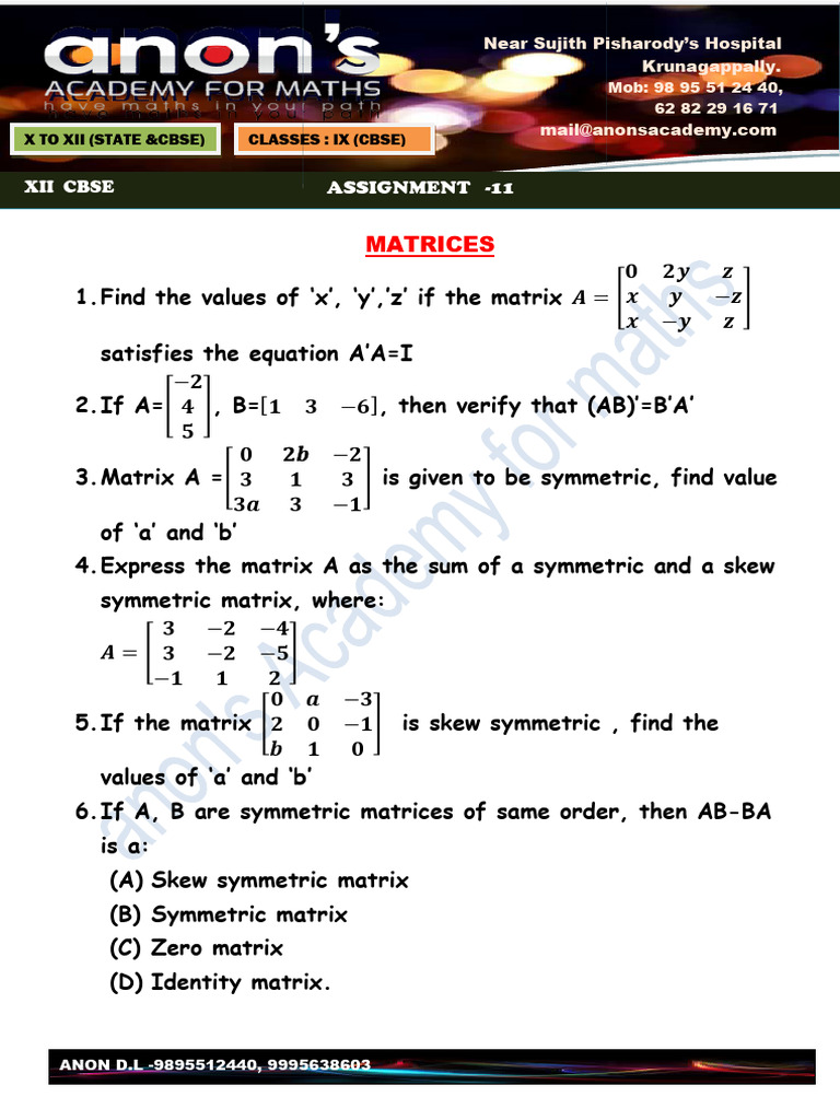 12 CBSE Chapterwise Assignment (11) Matrices - Anon's Academy | PDF