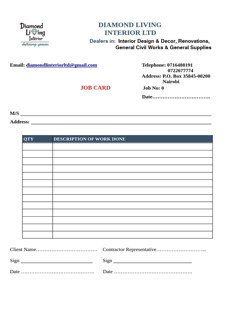 Diamond Living Interior Services Job Card | PDF