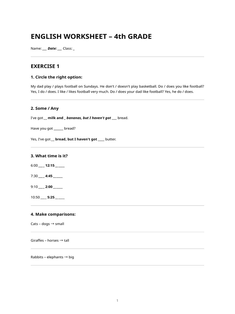 4th Grade English Worksheet Exercises | PDF