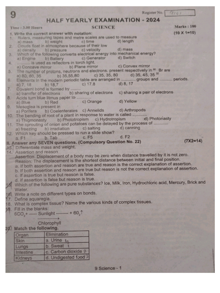 9th Science Half Yearly Exam 2024 Original Question Paper Erode ...