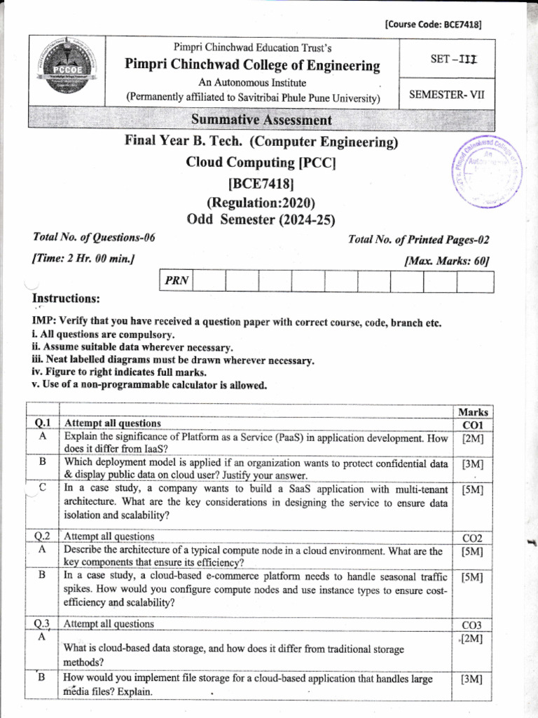 Cloud Computing Exam Paper BCE7418 | PDF | Information And ...