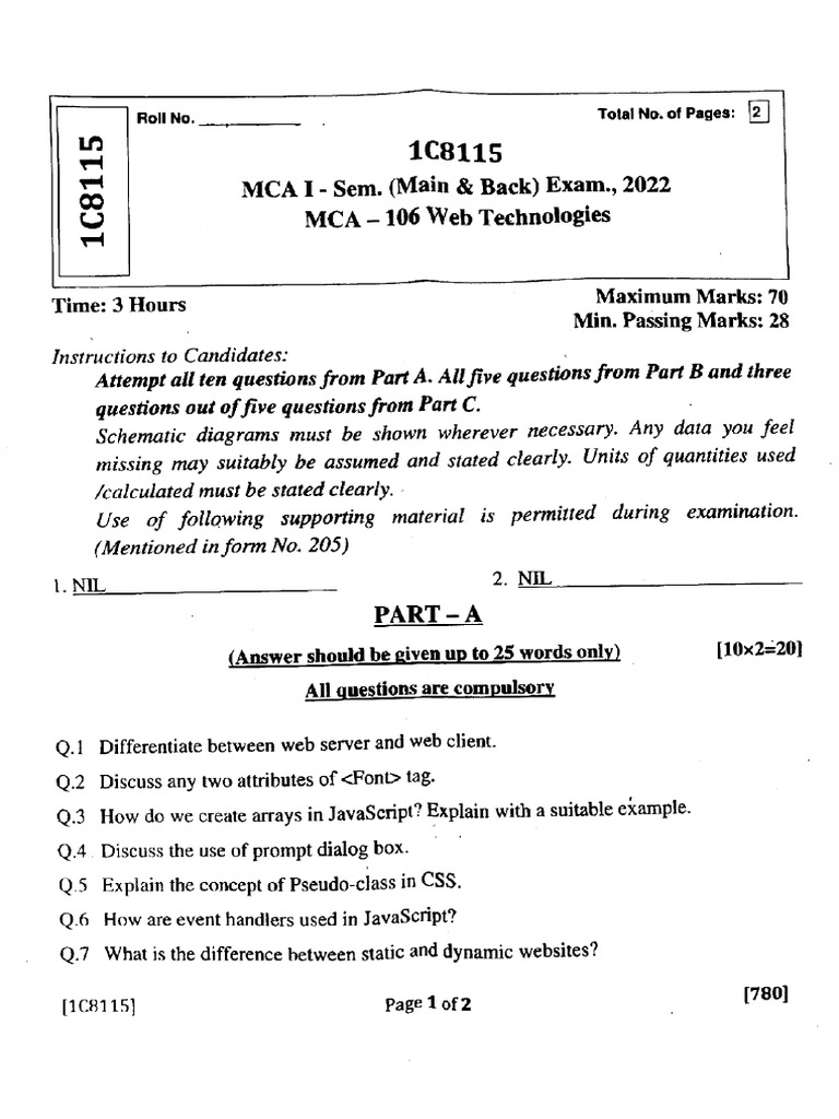 Mca 1 Sem Web Technologies 2022 | PDF