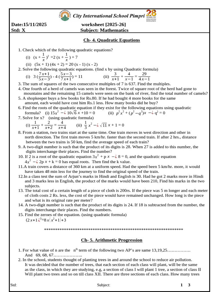Quadratic Equations and AP Worksheets | PDF | Quadratic Equation ...