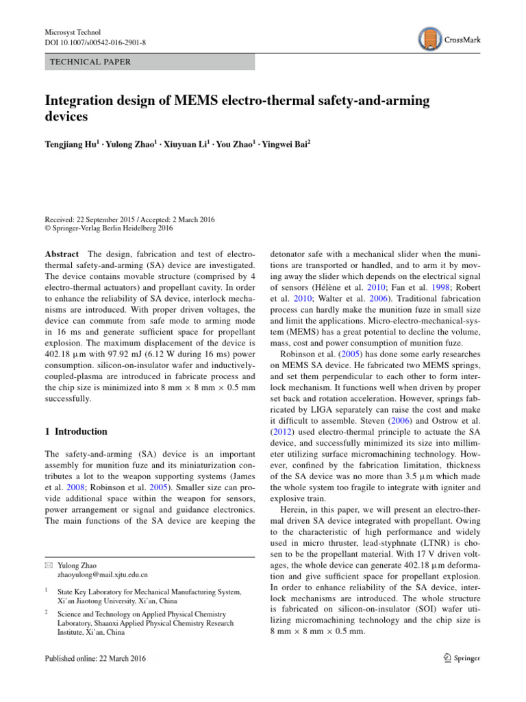 2016. Integration Design of MEMS Electro‑Thermal Safety‑and‑Arming ...