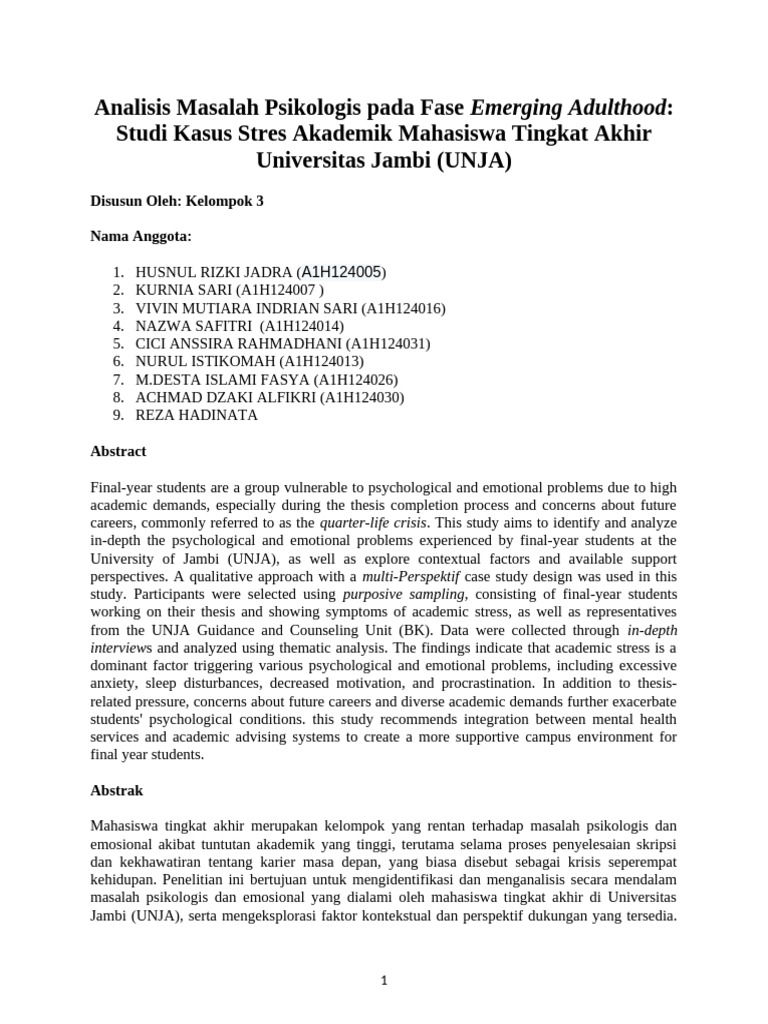 Stres Akademik Mahasiswa UNJA: Analisis Psikologis | PDF