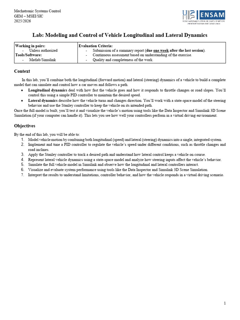 Vehicle Dynamics Control Lab Guide | PDF | Force | Matlab