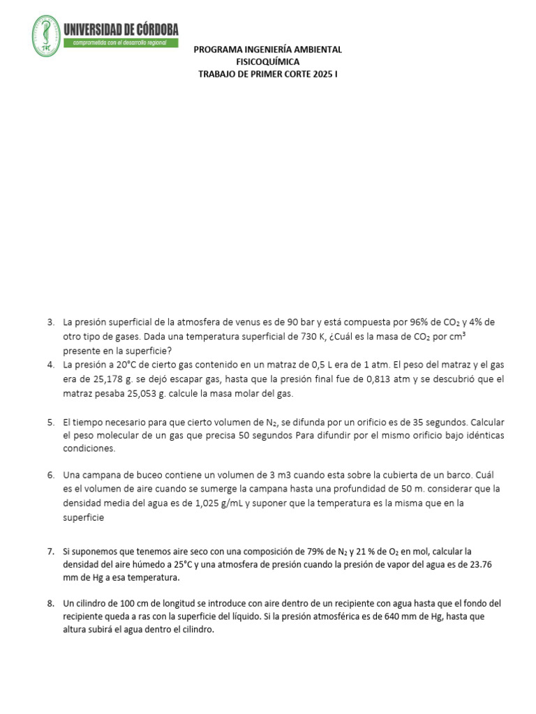 Trabajo de Primer Corte 2025 I | PDF | Gases | Fenomeno fisico