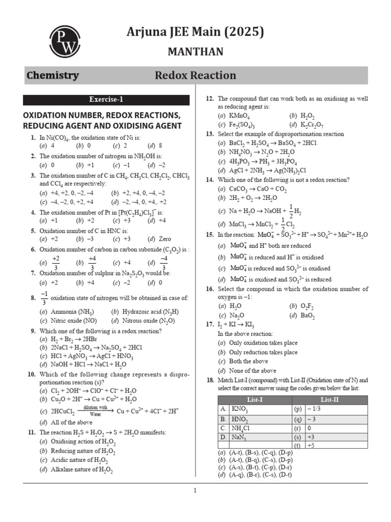 Redox Reaction - JEE Main Practice Sheet - Arjuna JEE 2025 | PDF | Redox | Chemical Reactions
