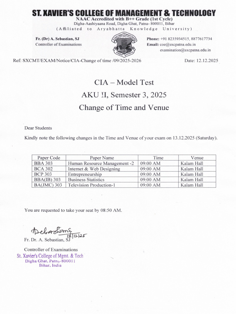 CIA-Model Test Change of Time and Venue - AKU II - 13.12.2025 | PDF