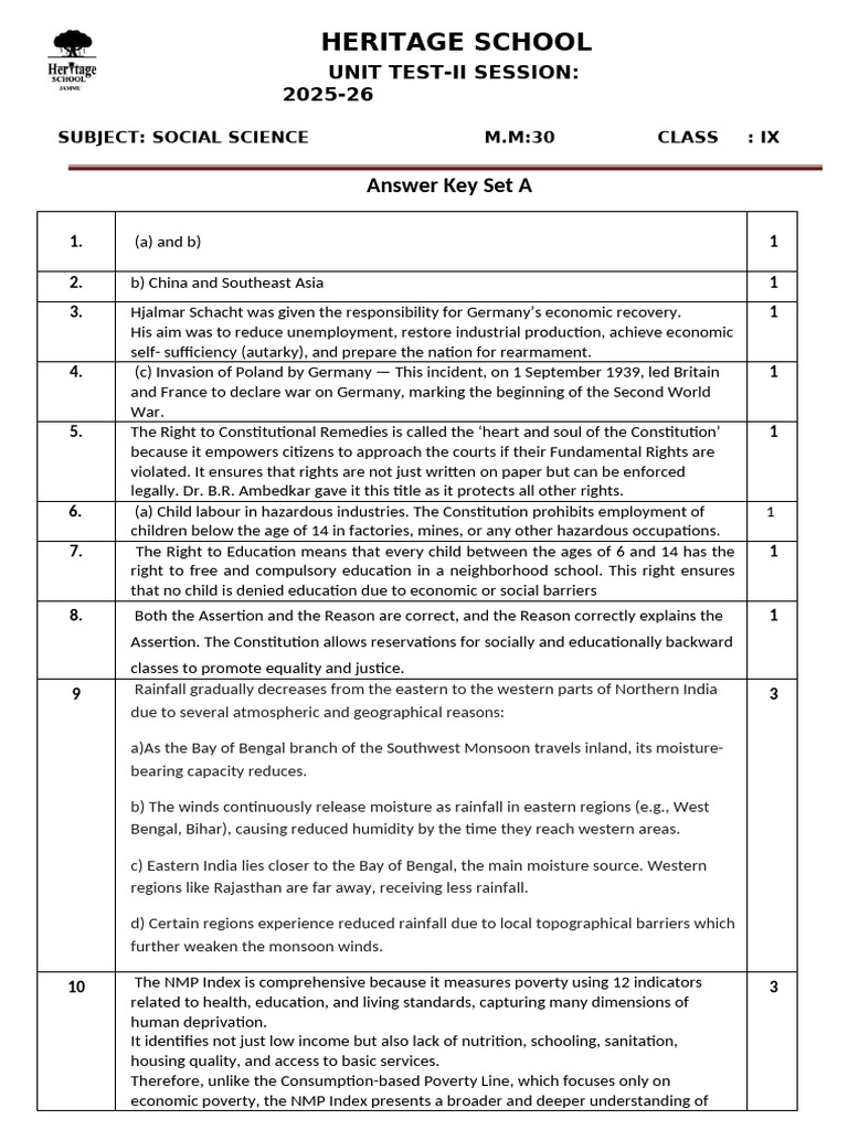 Class IX Set a Answer Key | PDF | Poverty | Poverty & Homelessness
