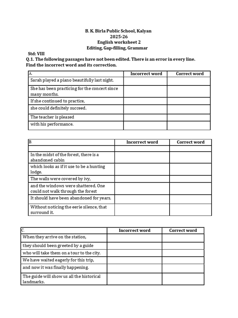English Worksheet for Std VIII: Editing & Grammar | PDF | Natural ...