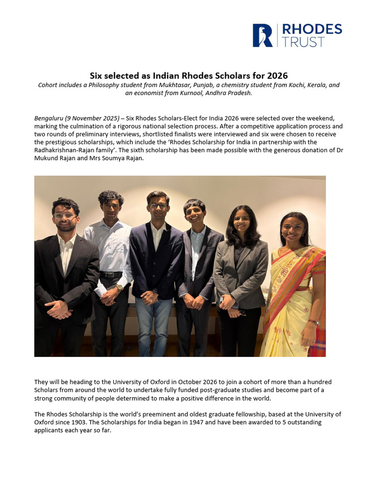 Six Indian Rhodes Scholars 2026 Selected | PDF