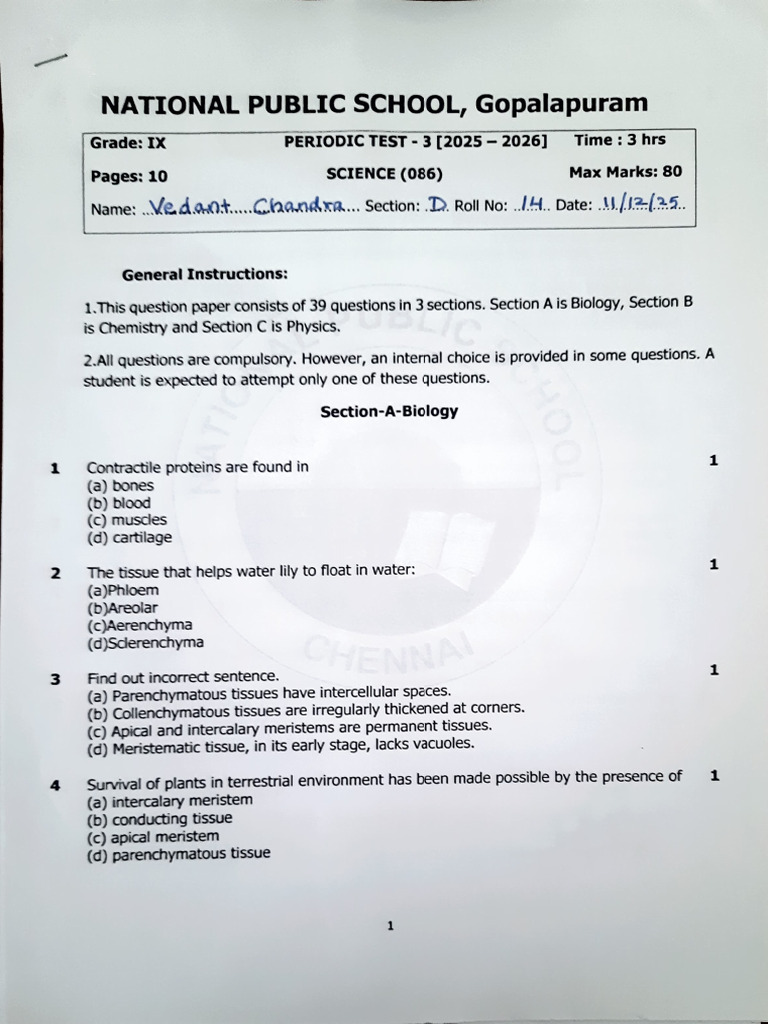 Grade 9 2025-26 QP PT3 Science | PDF
