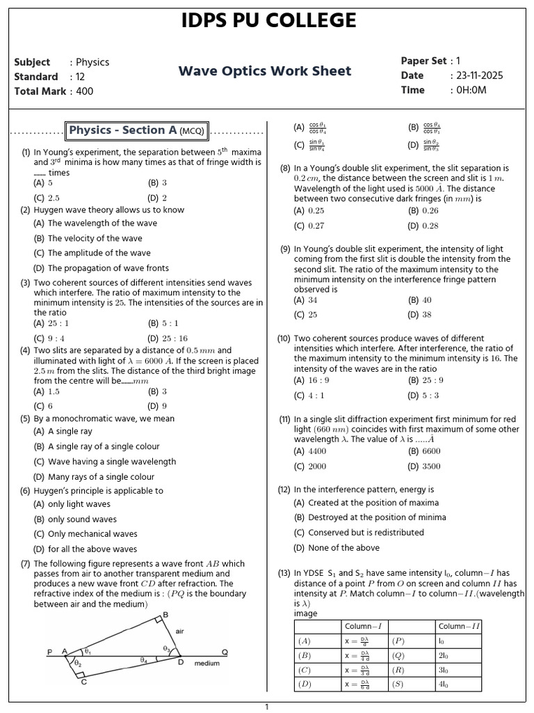 Wave_Optics_Work_Sheet__976686_1_1763887596 | PDF | Wavelength ...