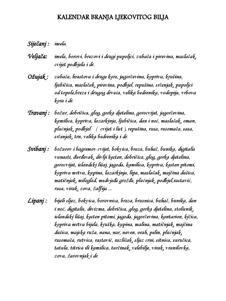 Kalendar Branja Ljekovitog Bilja | PDF