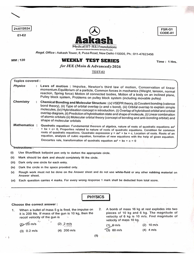 Weekly Test Class XI (@aakash - JEE - Test - Paper) | PDF