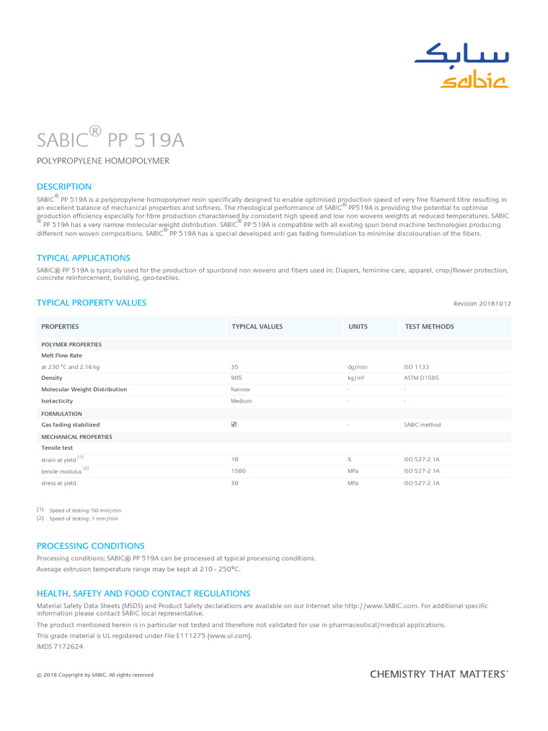 Ficha técnica 519A Sabic | PDF | Nonwoven Fabric | Polymers