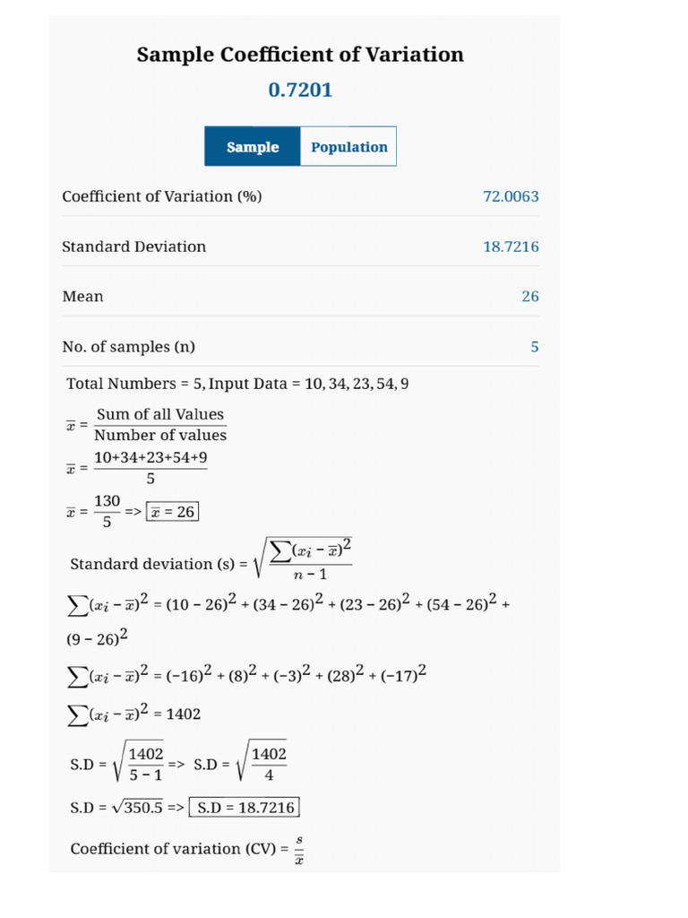 Coefficient of Variation Calculator | PDF