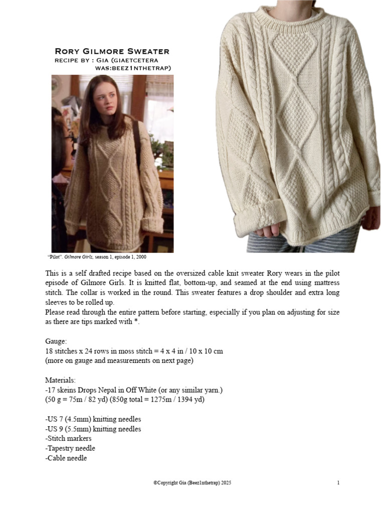 Rory Gilmore Sweater Knitting Pattern | PDF | Knitting | Basic Knitted ...