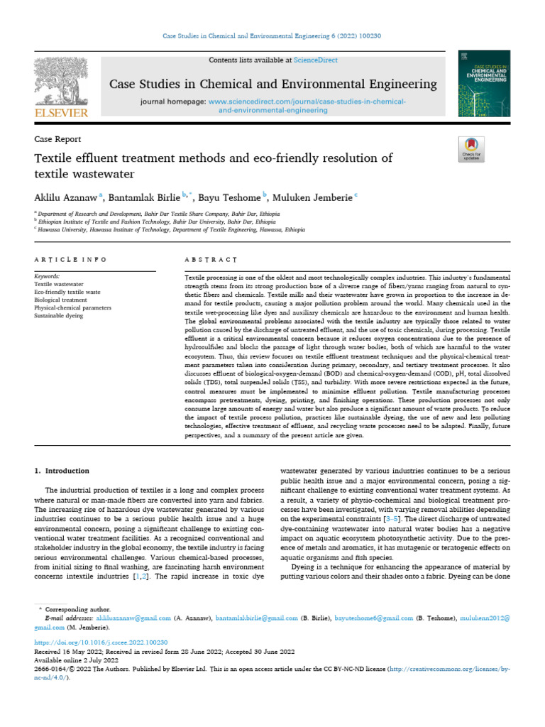 Textile Effluent Treatment Methods and Eco-Friendly Resolution of ...