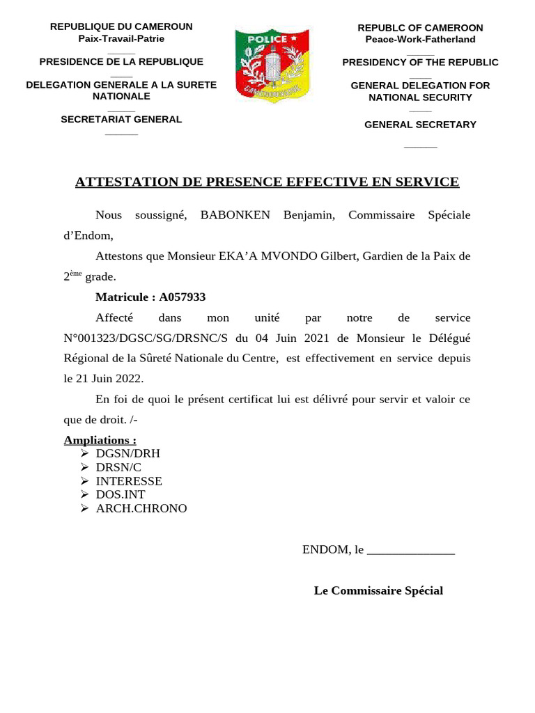 Attestation de service de Gilbert EKA’A | PDF