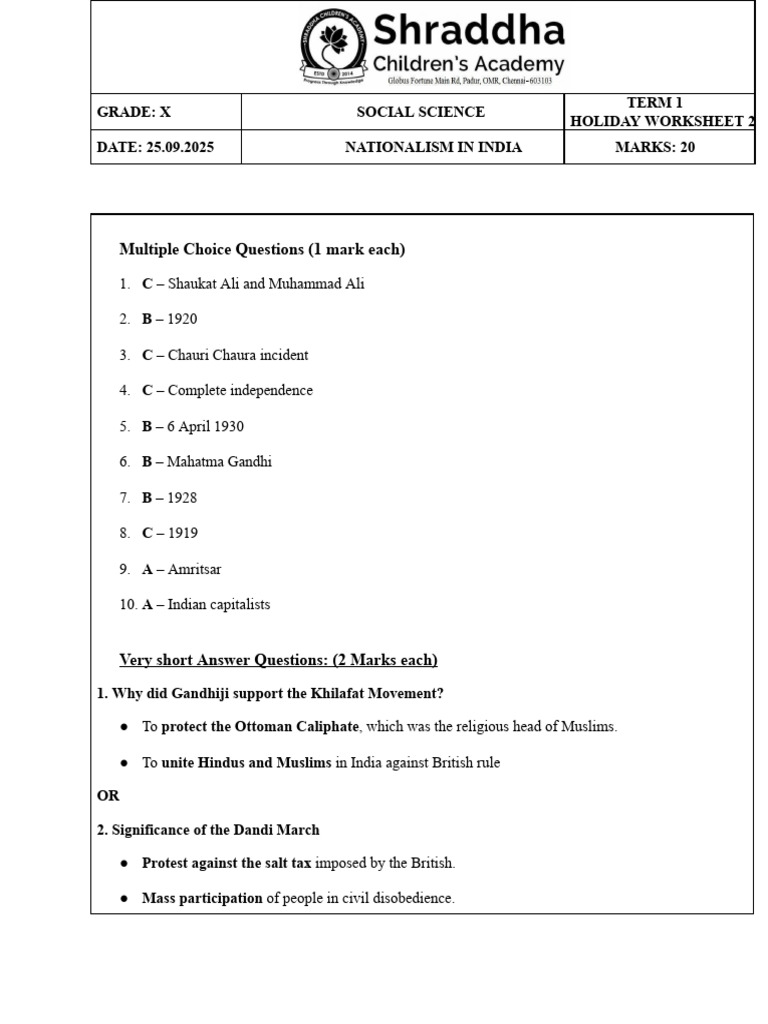 Answer Key of Grade_ X- Worksheet 2 | PDF | Mahatma Gandhi | Indian ...