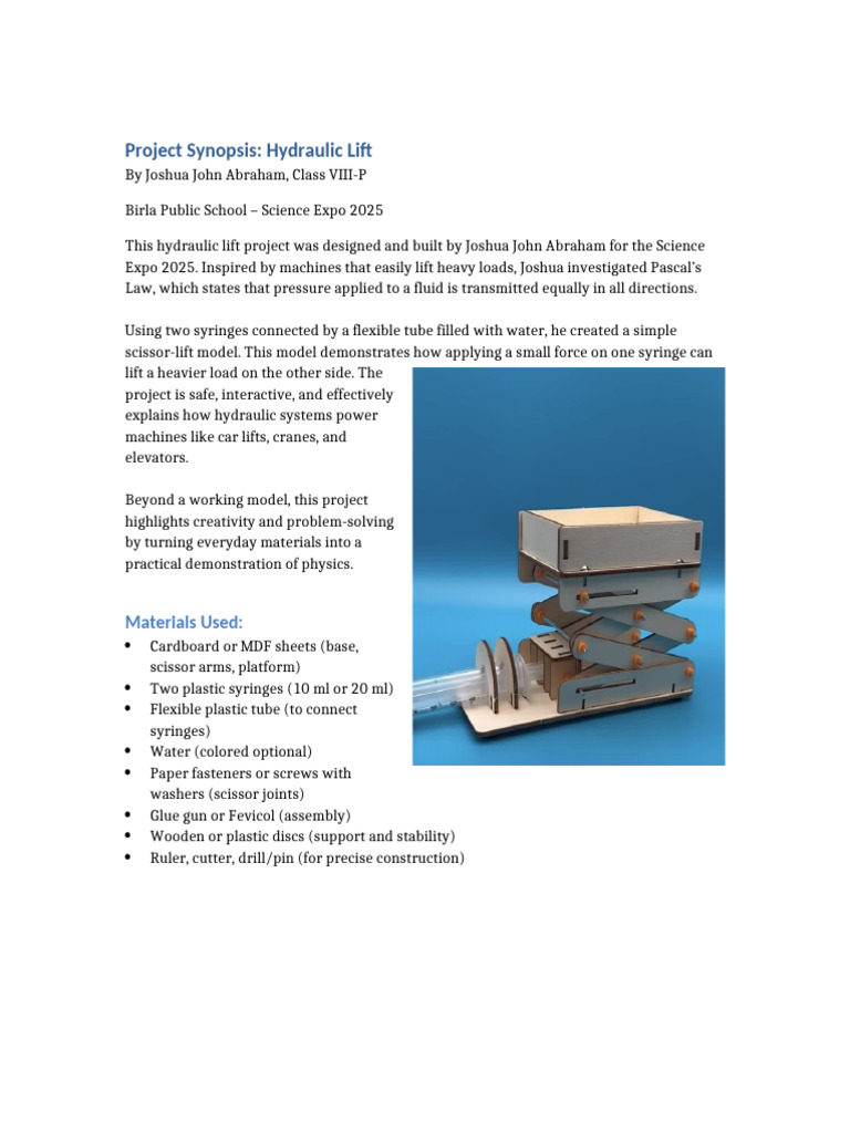Hydraulic Lift Project Joshua Final | PDF