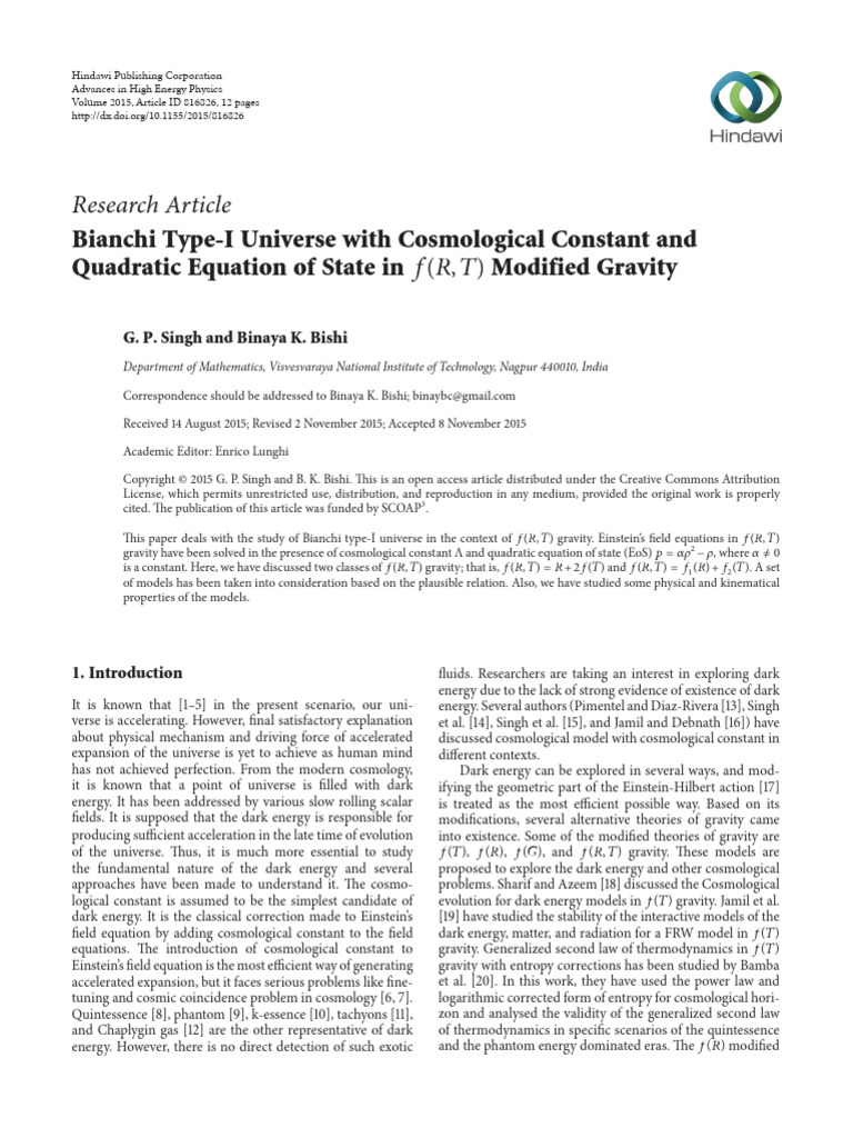 Bianchi Type-I Universe With Cosmological Constant | PDF | Dark Energy ...