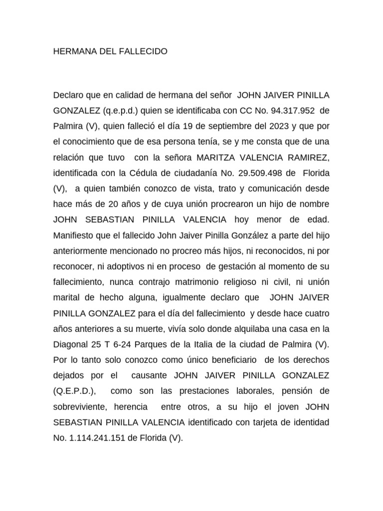 4. DECLARACION EXTRAJUICIO hermana, madre y padre del fallecido John ...