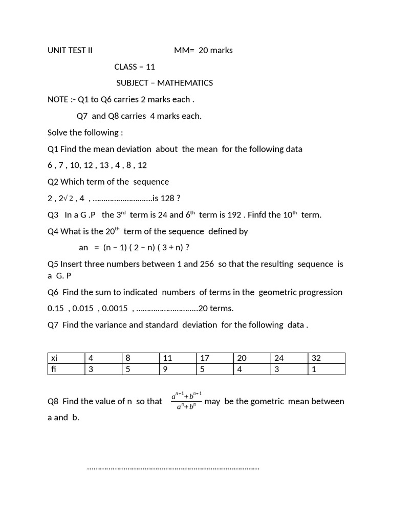 UNIT TEST II Class 11 Maths 2024 | PDF