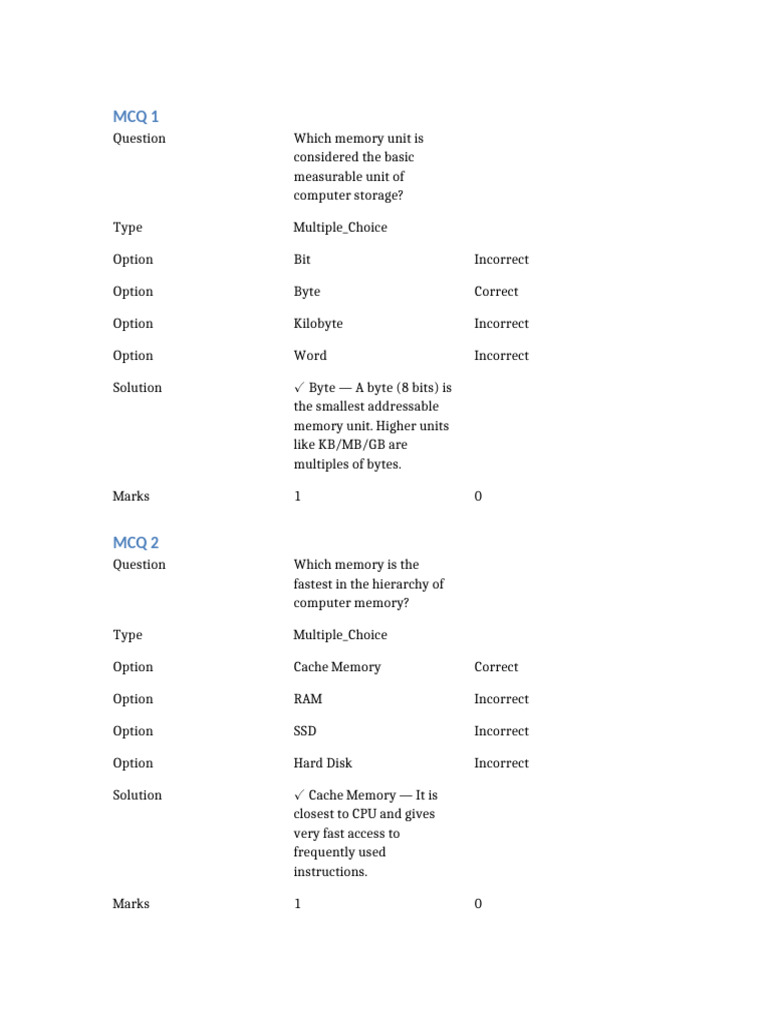 Computer Memory MCQs and Answers | PDF | Byte | Random Access Memory